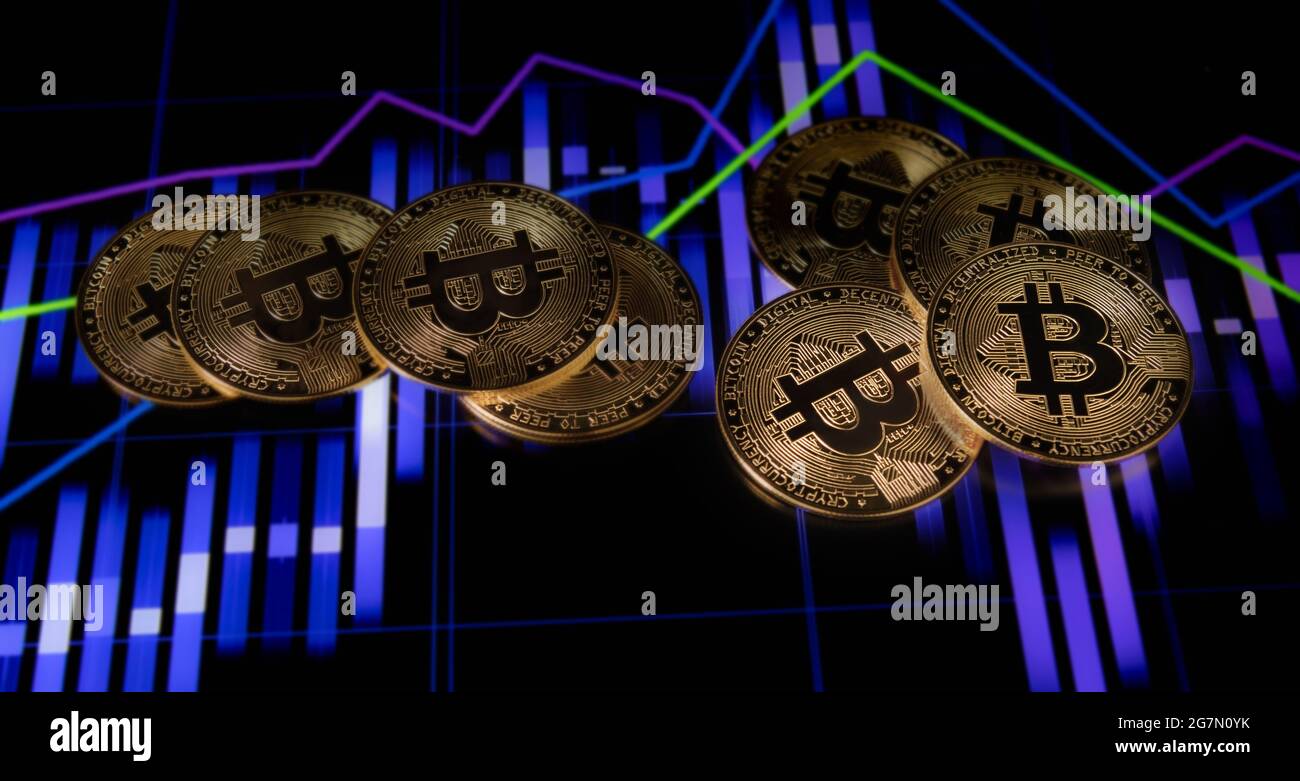bitcoins on a candlestick bar chart graph with growth lines Stock Photo ...