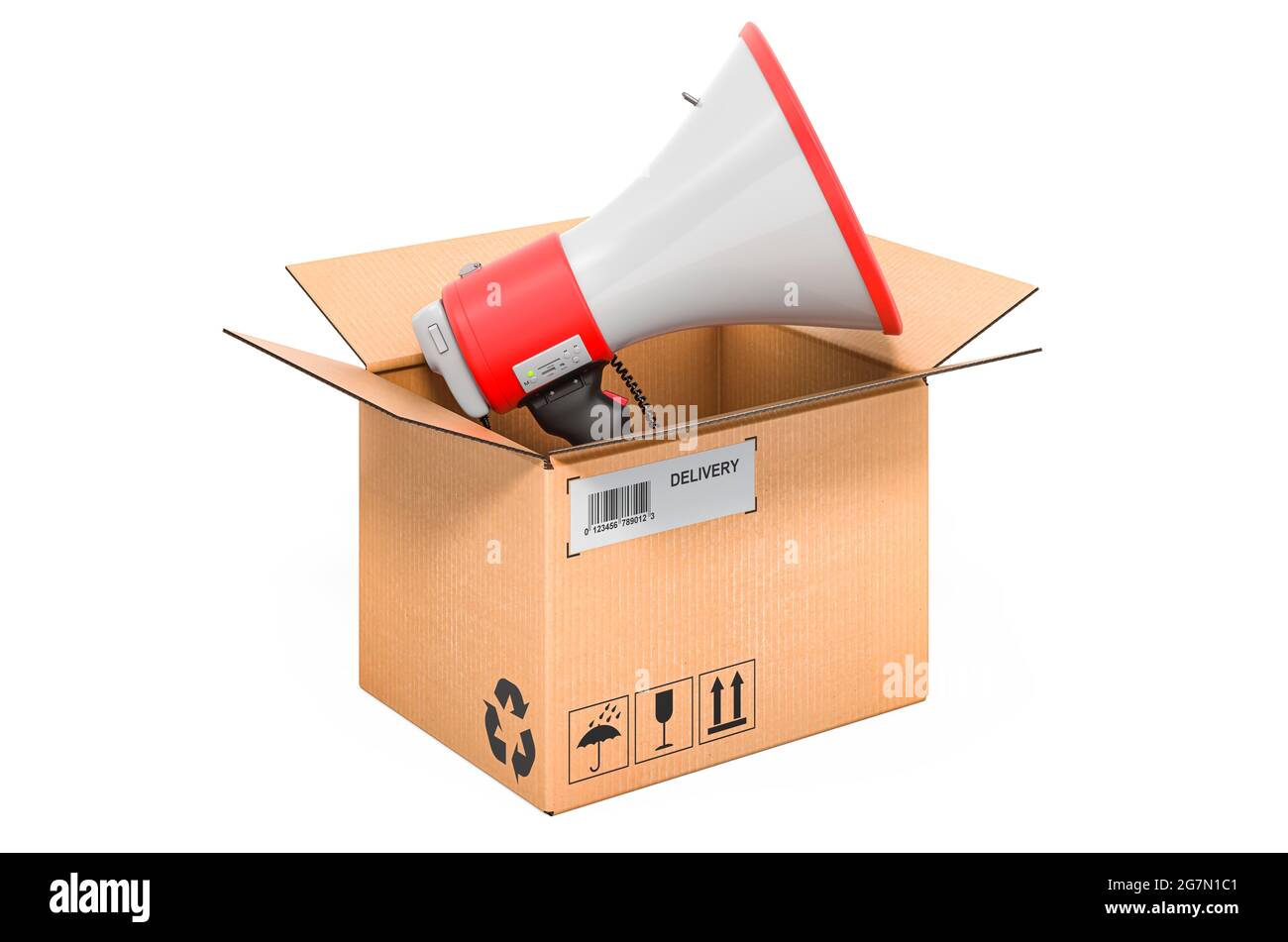 Megaphone inside cardboard box, 3D rendering isolated on white ...