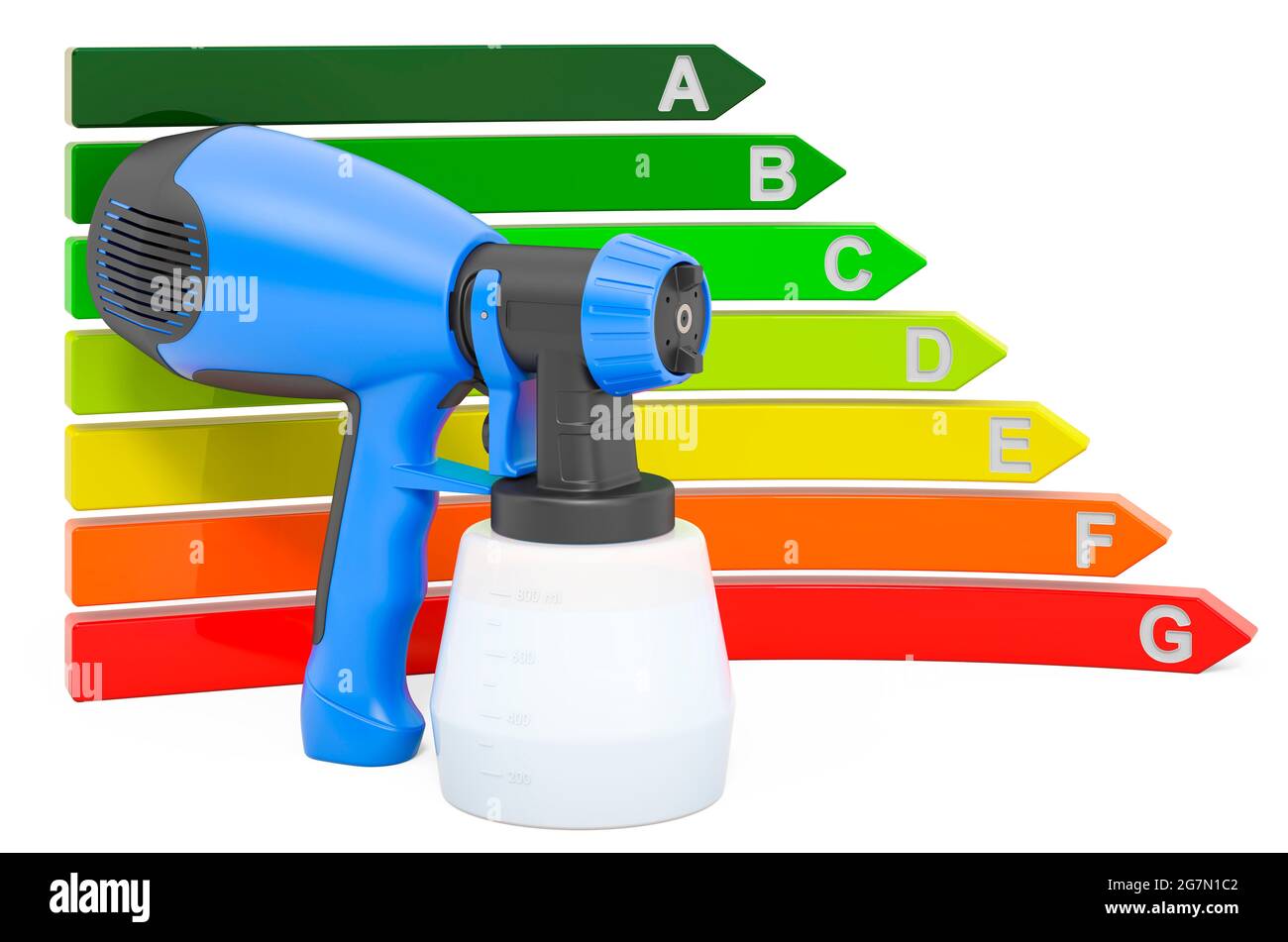 Painting spray gun with energy efficiency chart, 3D rendering isolated ...