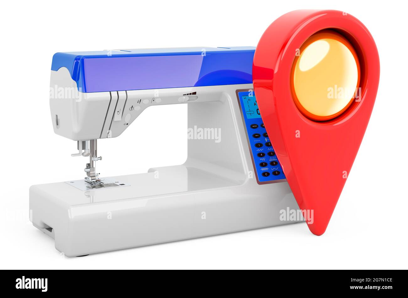 Map pointer with sewing machine. 3D rendering isolated on white ...