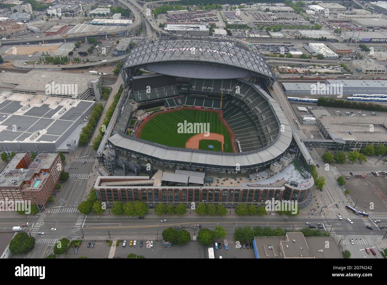 An aerial view of T-Mobile Park, Wednesday, July 14, 2021, in Seattle ...