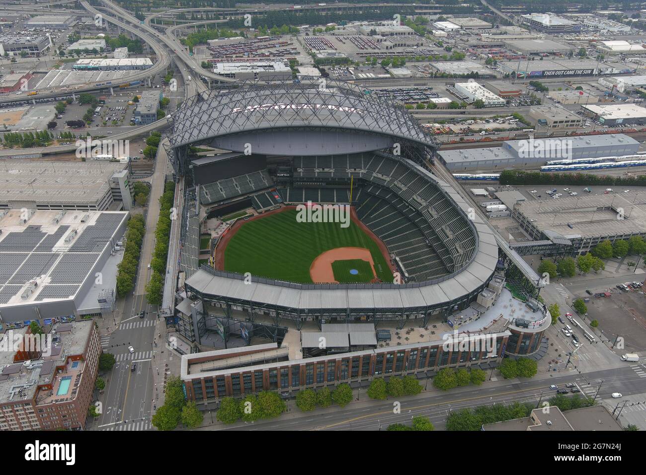 An aerial view of T-Mobile Park, Wednesday, July 14, 2021, in Seattle ...