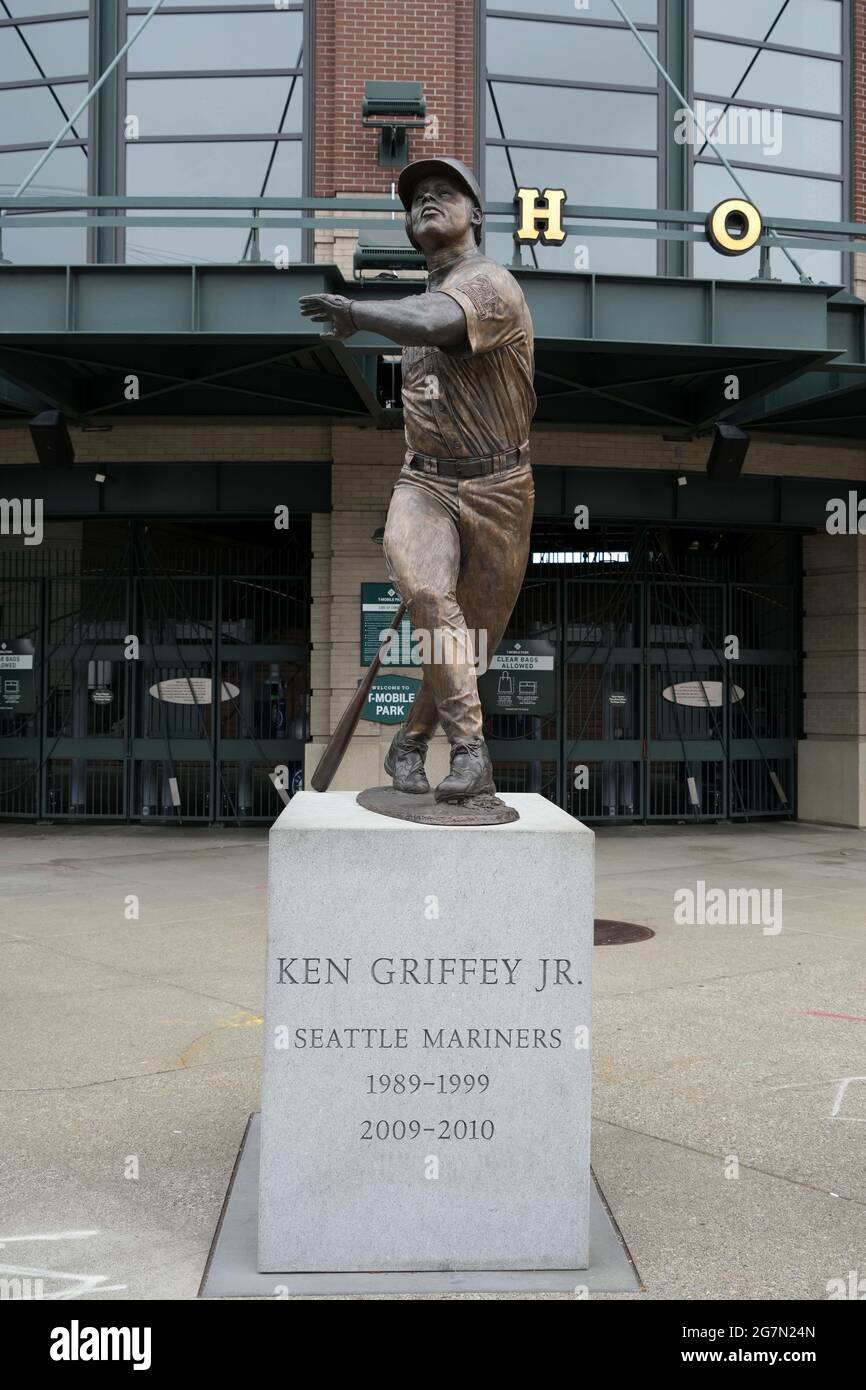 A statue of Ken Griffey Jr. at the home plate entrance of T-Mobile Park ...