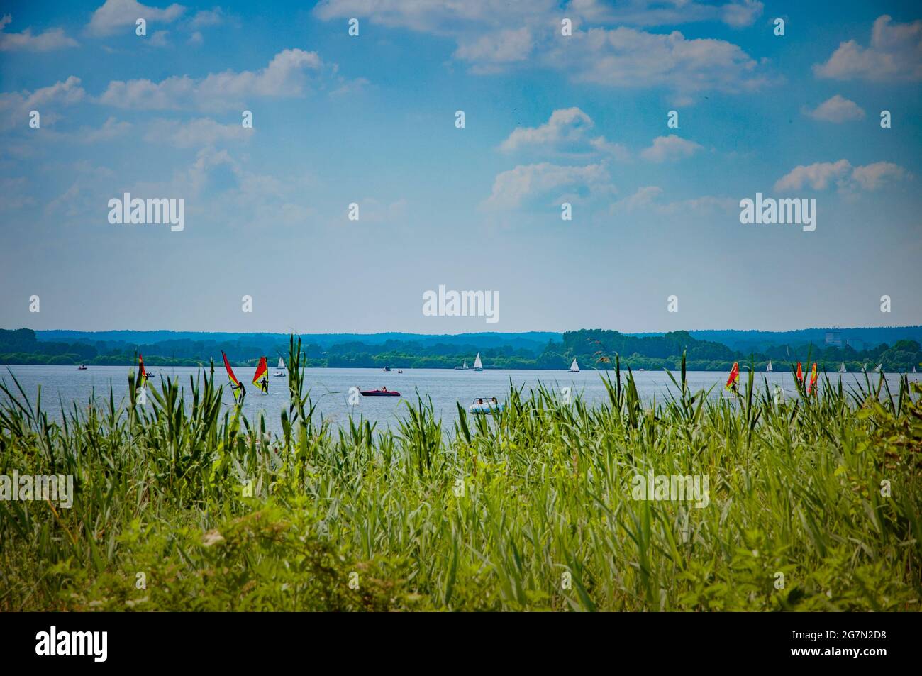 BOHMTE, GERMANY. JUNE 27, 2021 Dammer Natural Park. Lake view, boats ...