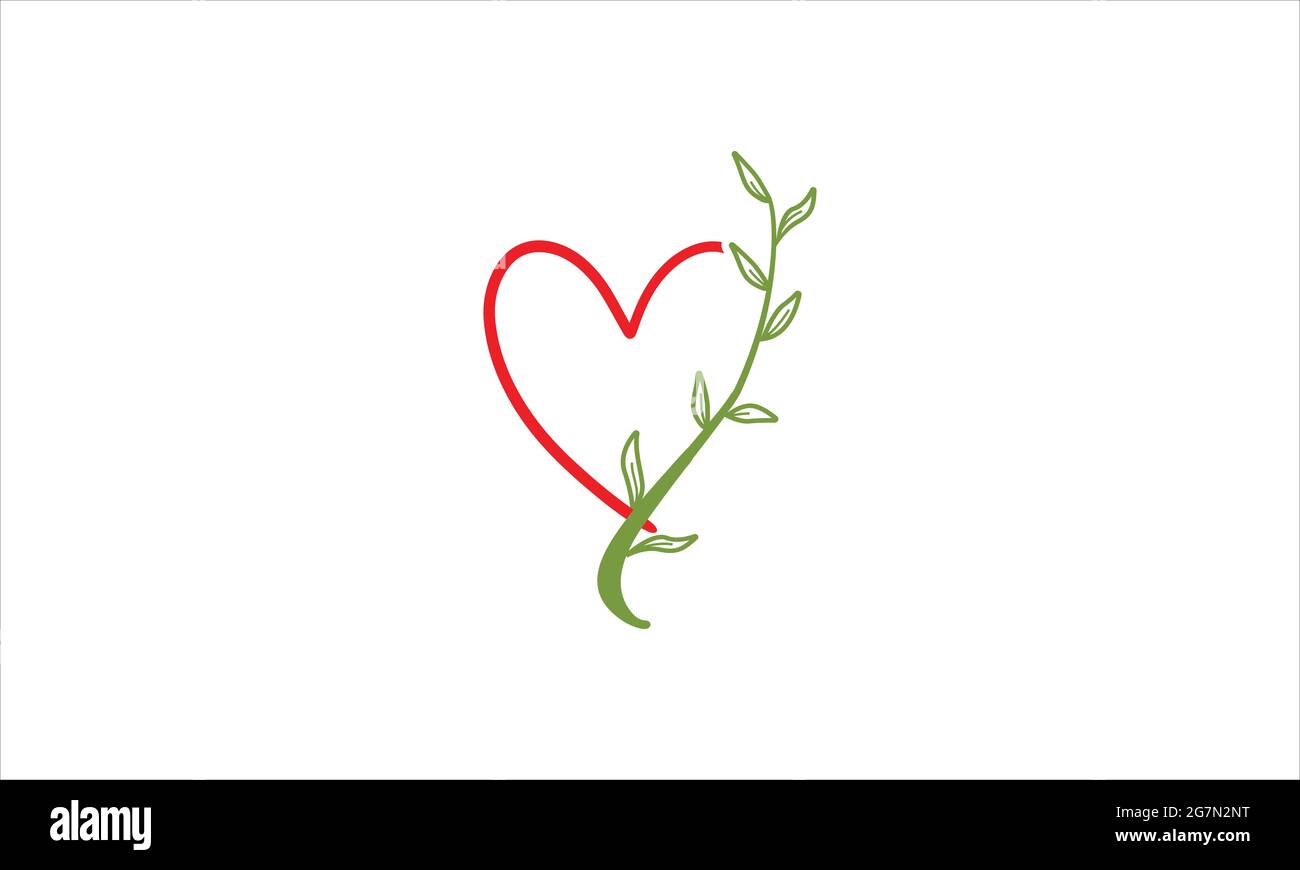 red heart with green leaf floral botanical icon logo minimalist design ...