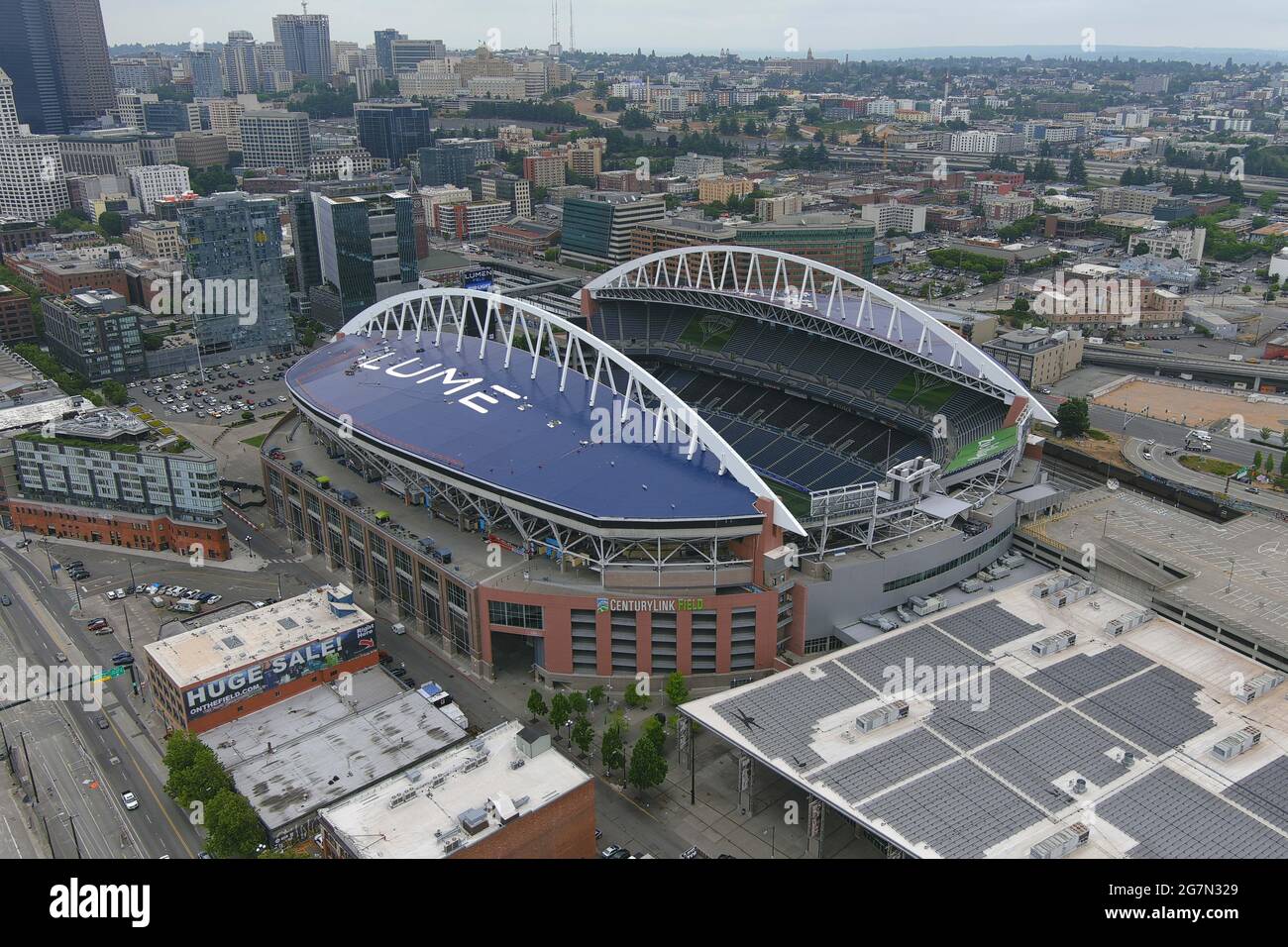An aerial view of Lumen Field, Wednesday, July 14, 2021, in Seattle ...