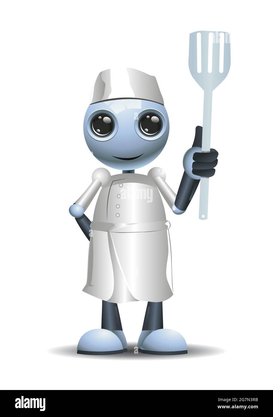 3D illustration of a little robot chef hold a spatula ready to grill on ...