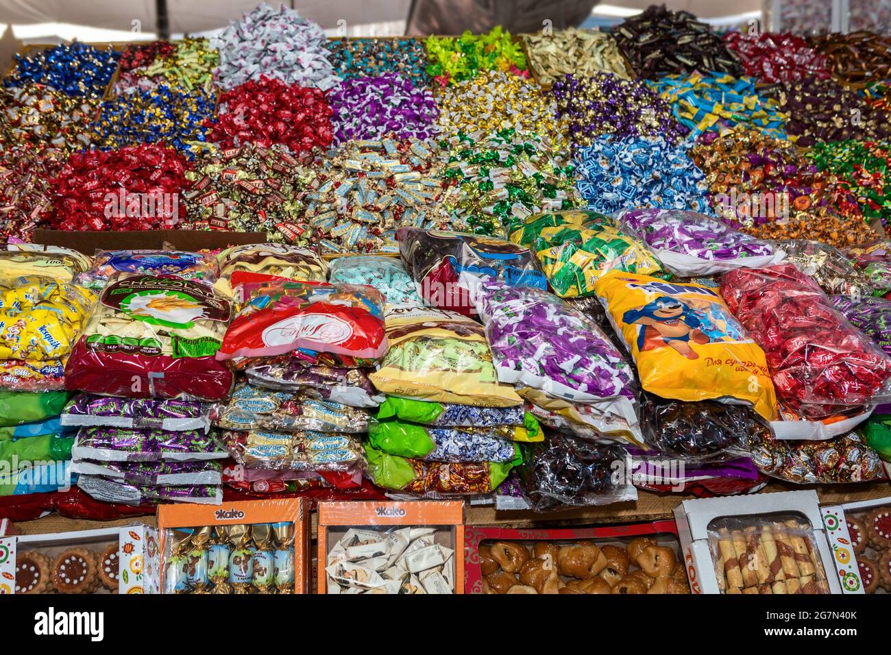 Bags of sweets, Osh Bazaar, Bishkek, Kyrgyzstan Stock Photo - Alamy