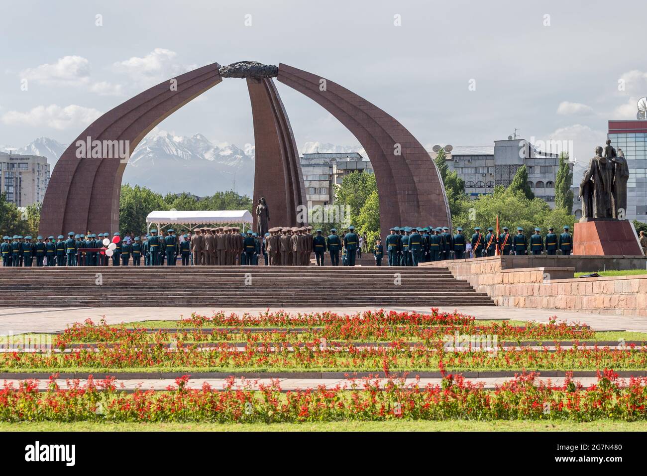 Military ceremony, Victory Square, Bishkek, Kyrgyzstan, with Yurt based ...