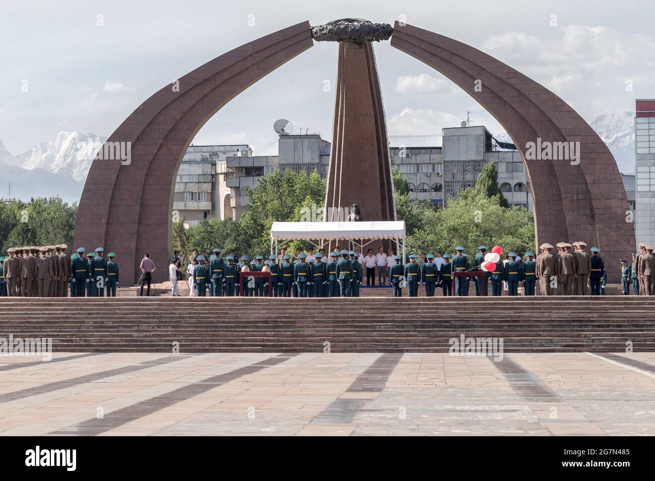 Military ceremony, Victory Square, Bishkek, Kyrgyzstan, with Yurt based ...