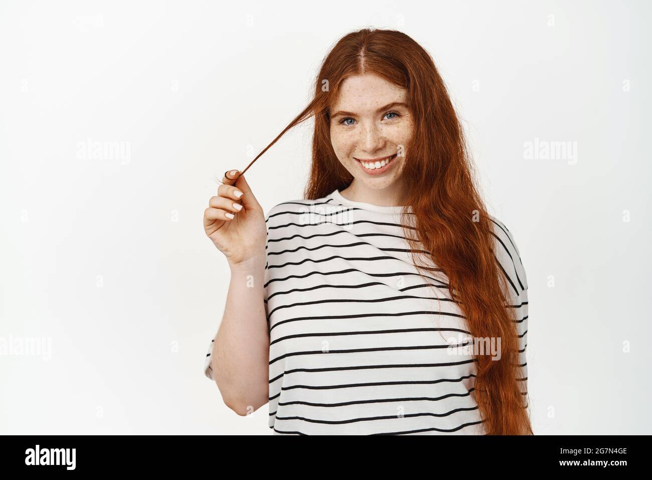 Flirty redhead girl with freckles, flirting and giggle coquettish ...