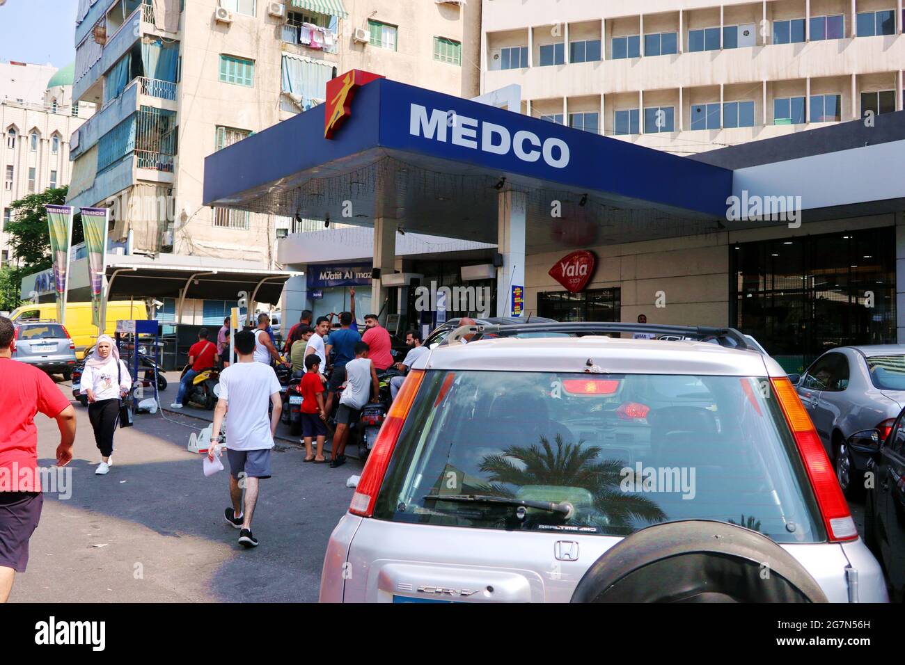 Beirut, Lebanon. 14th July, 2021. Clients queueing at a petrol station ...