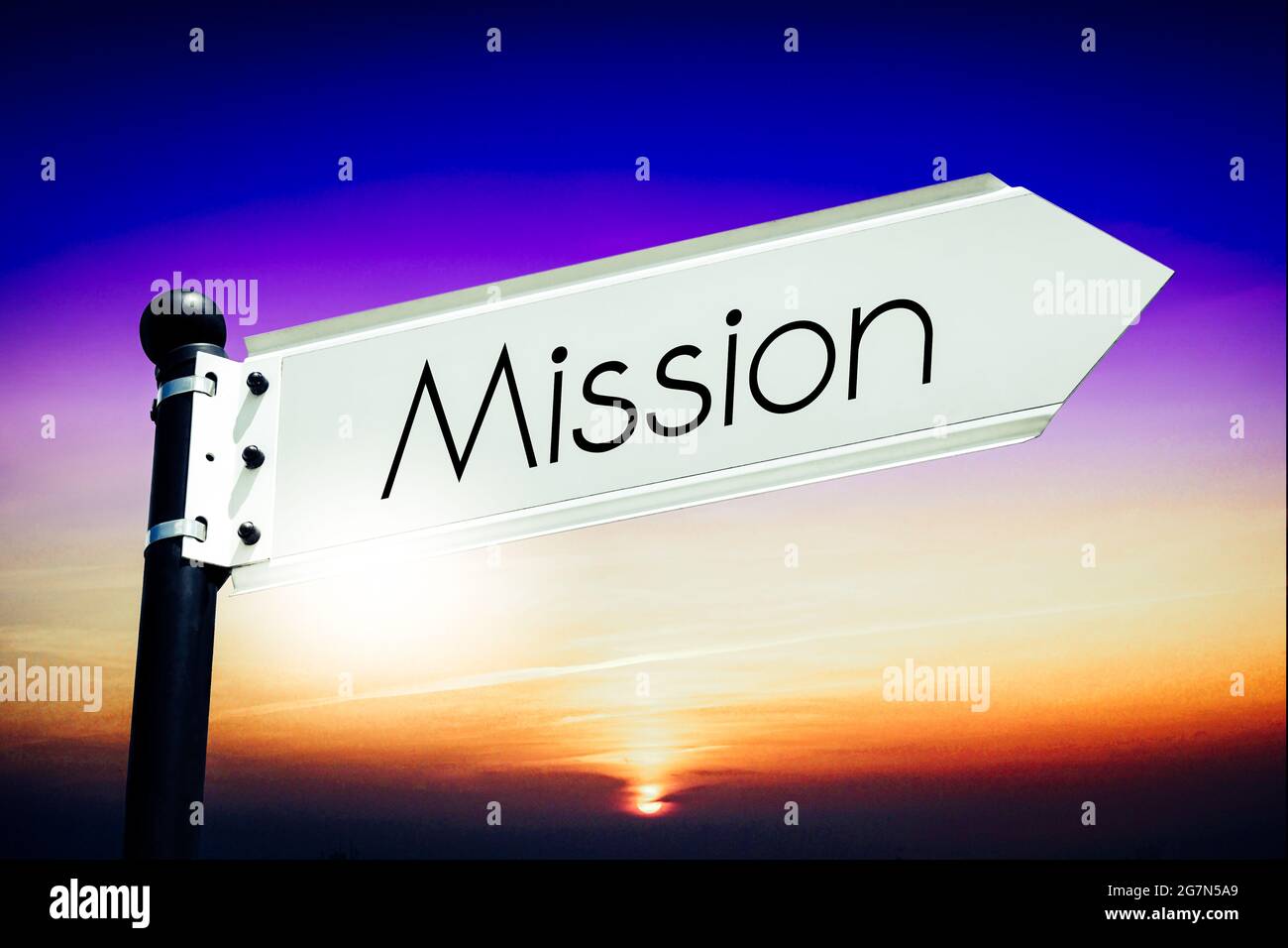 Mission - signpost with one arrow, sky in background Stock Photo - Alamy