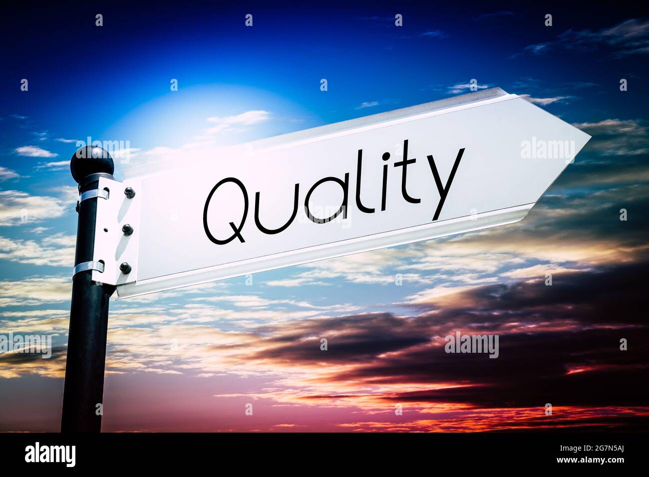 Quality - signpost with one arrow, sky in background Stock Photo - Alamy