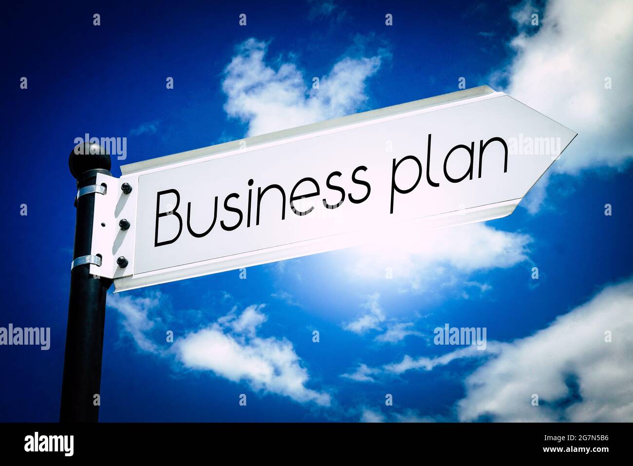 Business plan - signpost with one arrow, sky in background Stock Photo ...