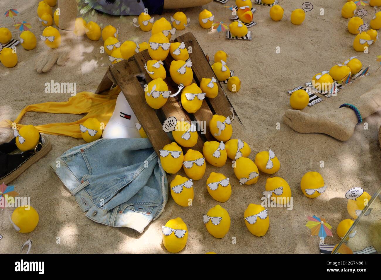 Perspex enclosed amusing beach scene display with lemons on a slide in ...