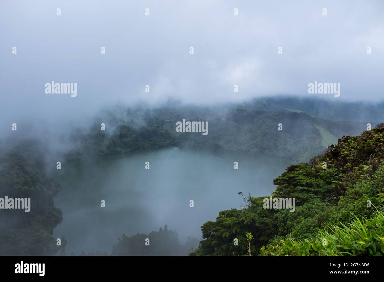 Deep lake in Flores Island, Azores Archipelago, Portugal. Green lagoon ...