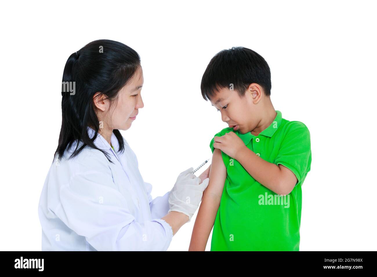 Doctor vaccinating boy's arm. Asian illness boy worry about vaccine ...
