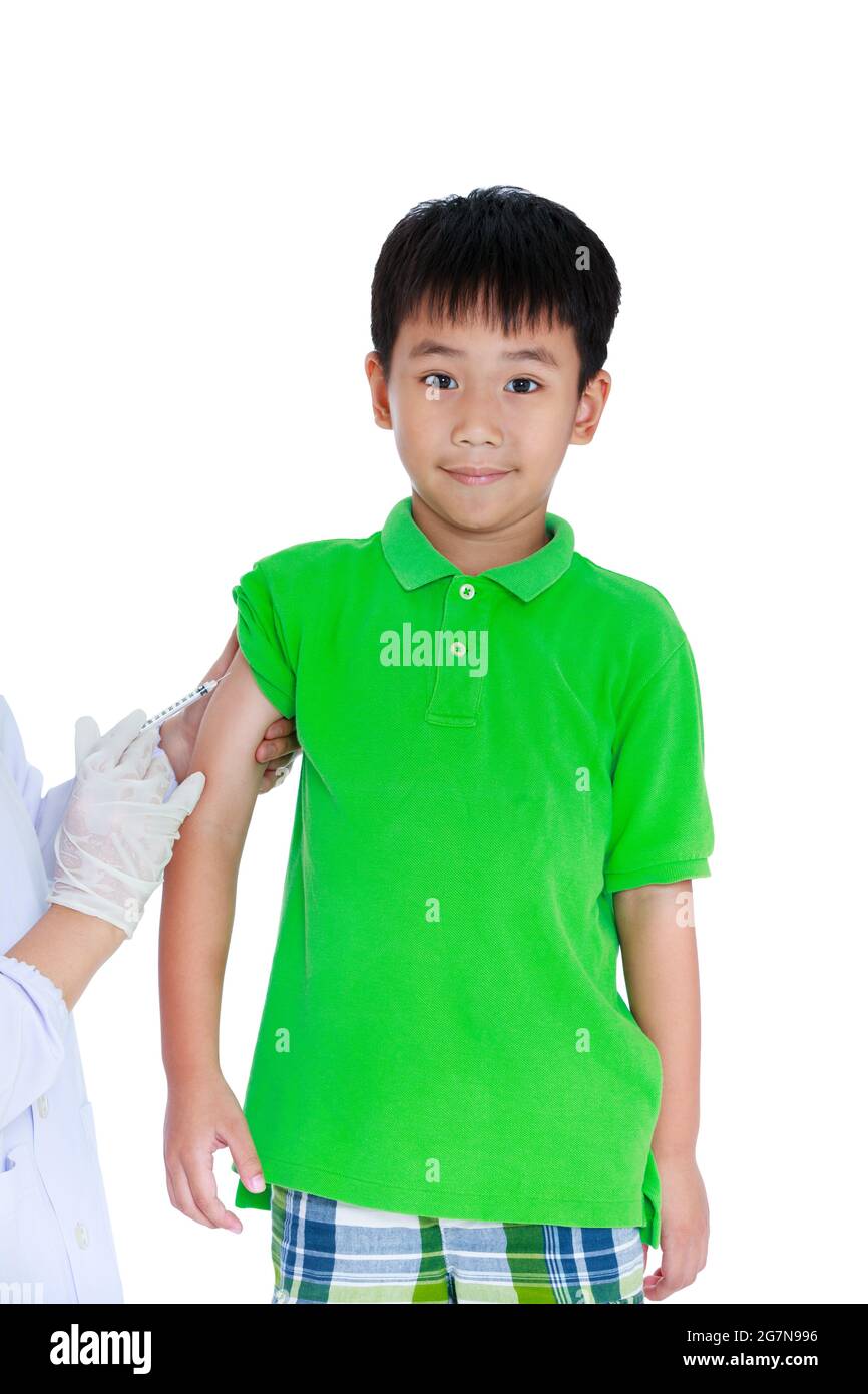 Doctor vaccinating boy's arm. Asian illness boy get an injection ...