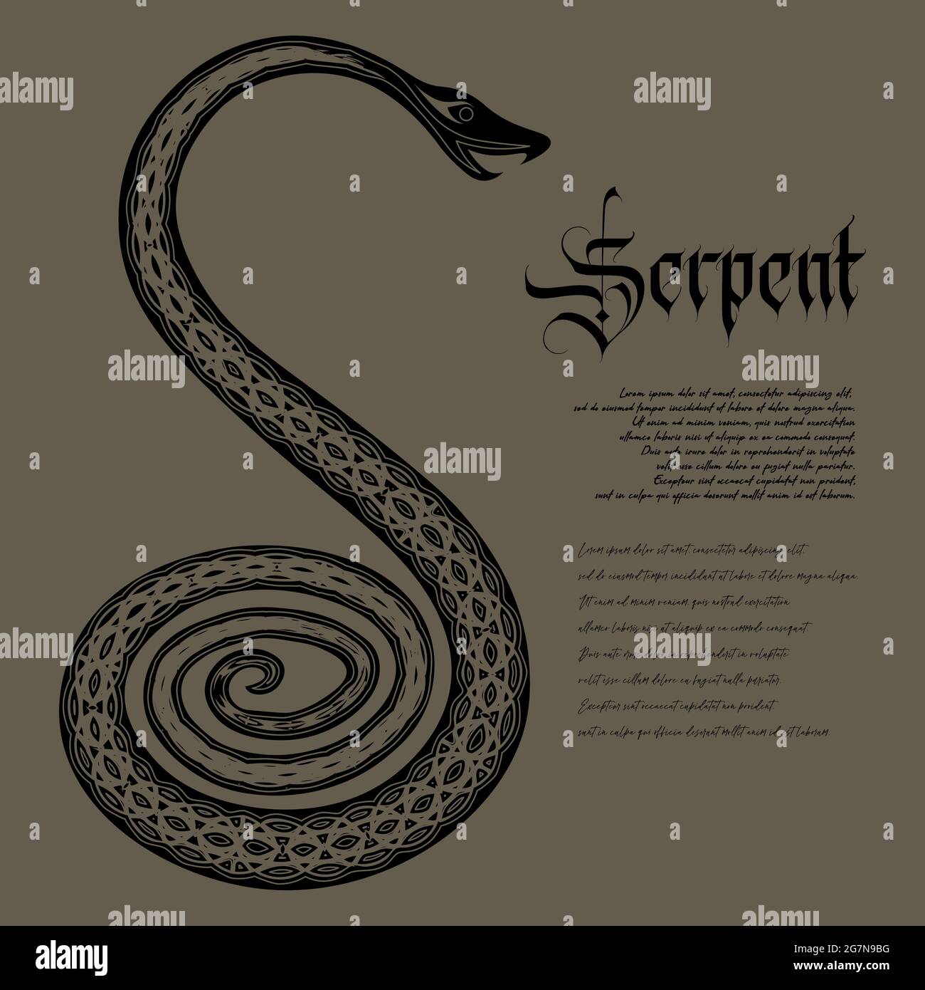 occult ancient coiled black snake with text 'serpent' and lorem ipsum ...