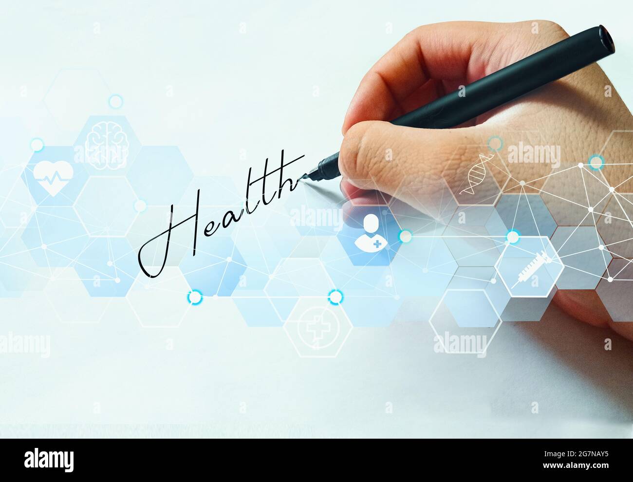 Modern Healthcare Background Concept with Hand Writing and Futuristic ...