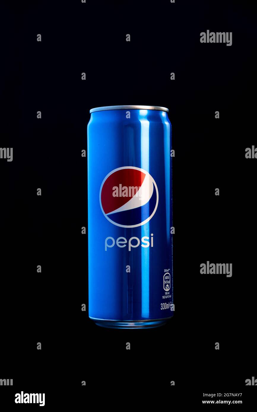 Editorial photo of classic Pepsi can on black background. Studio shot ...