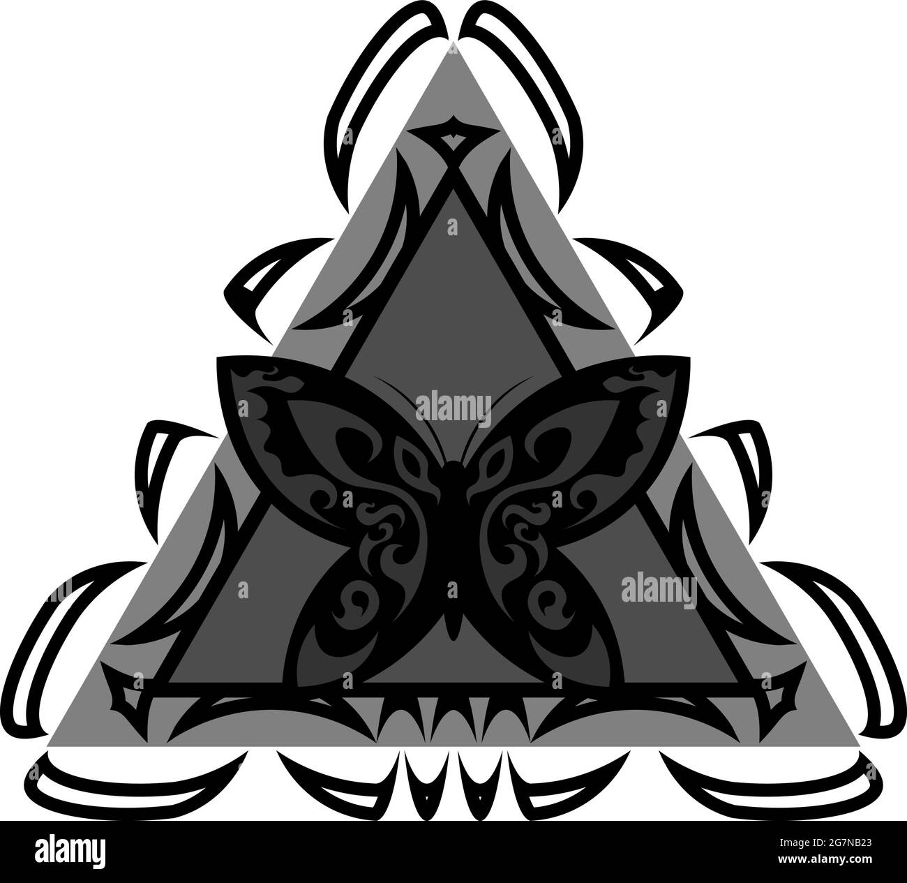 monochrome gray triangle with abstract black butterfly in ornamental ...