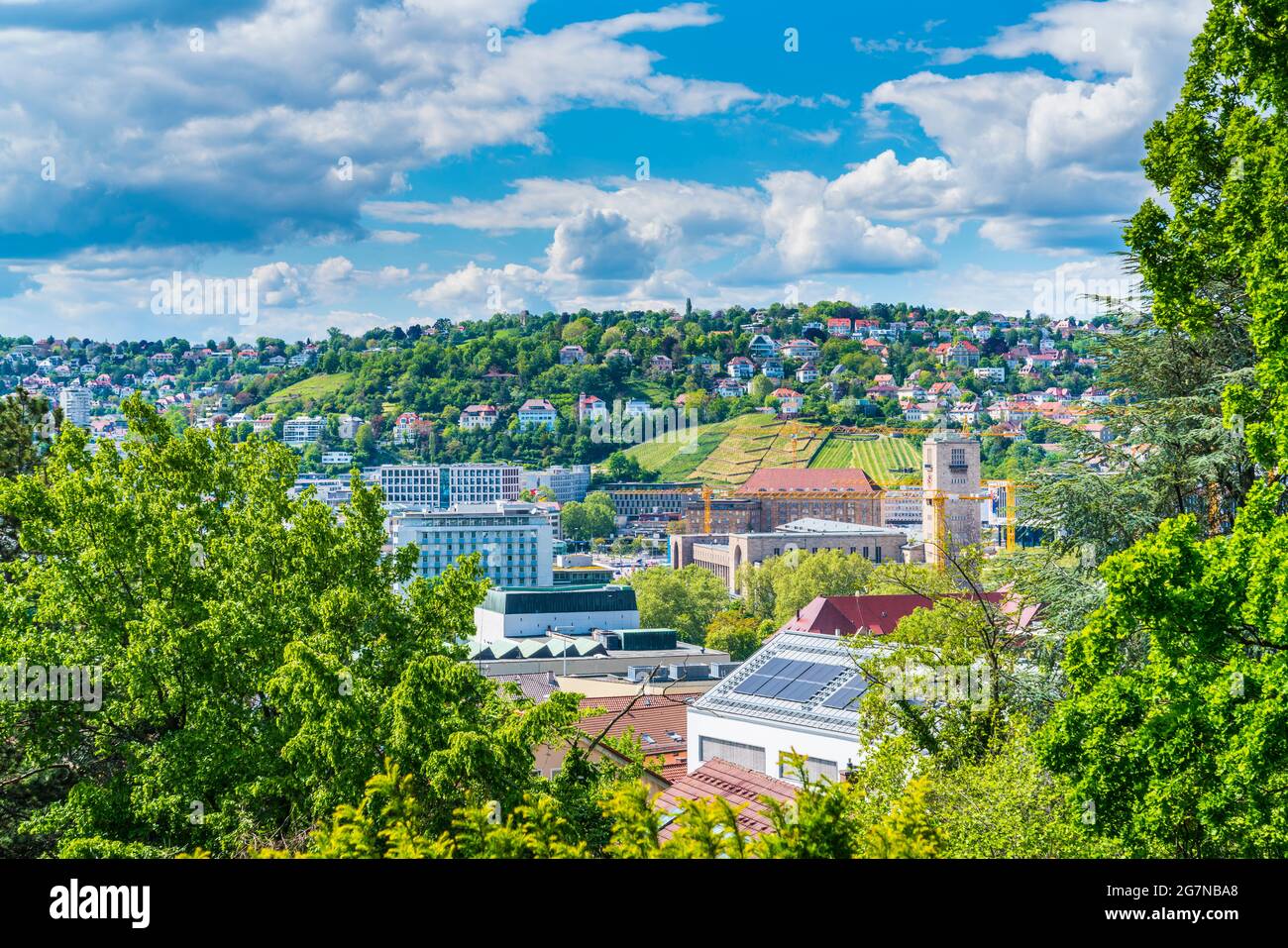 Germany, Stuttgart aerial drone panorama view above beautiful skyline ...