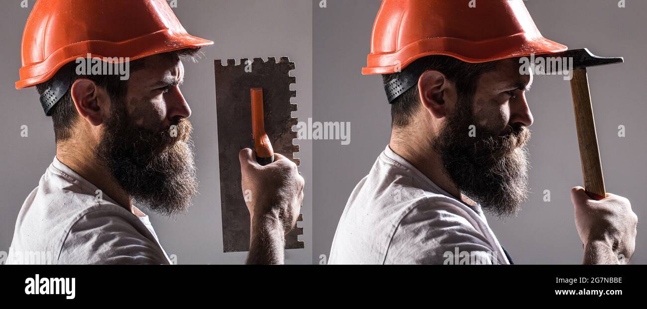 Bearded man worker with beard, building helmet, hard hat. Builder in ...