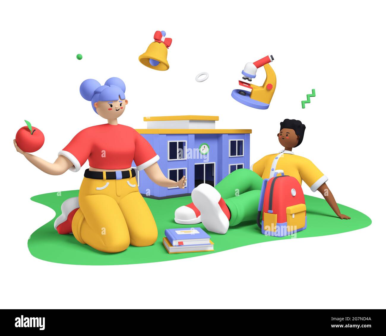 School break - colorful 3D style illustration. Boy and girl are ...