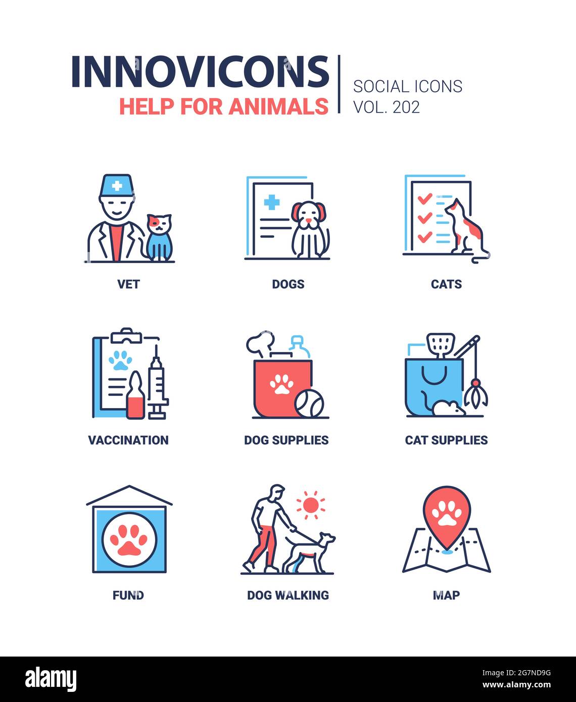 Help for animals - modern colorful line design style icons. Red and ...