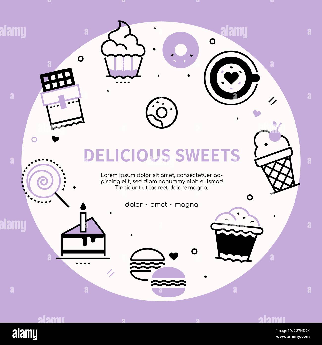 Delicious sweets - vector line design style poster, purple background ...