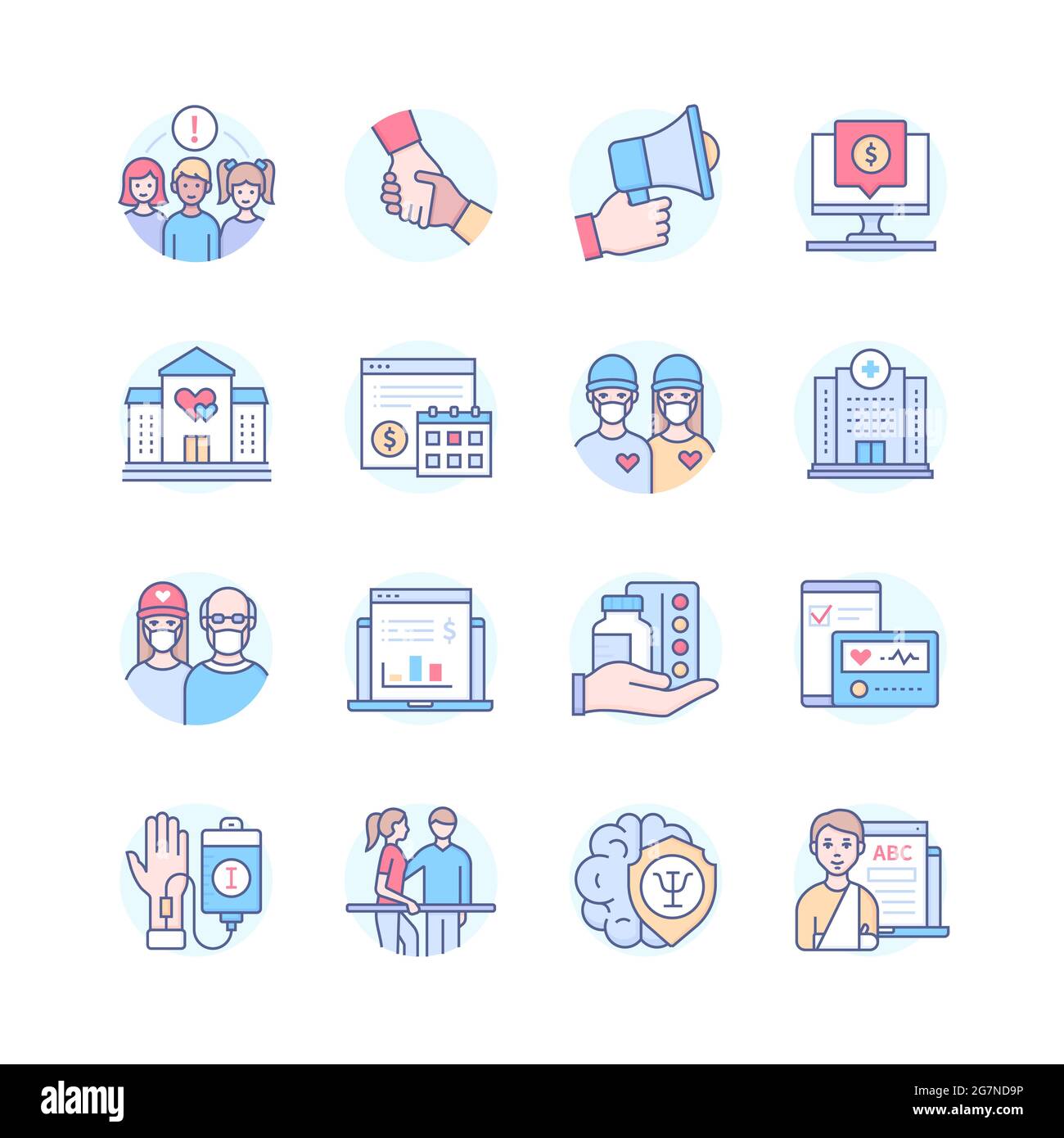 Helping the sick - colorful line design style icon set. Different types ...