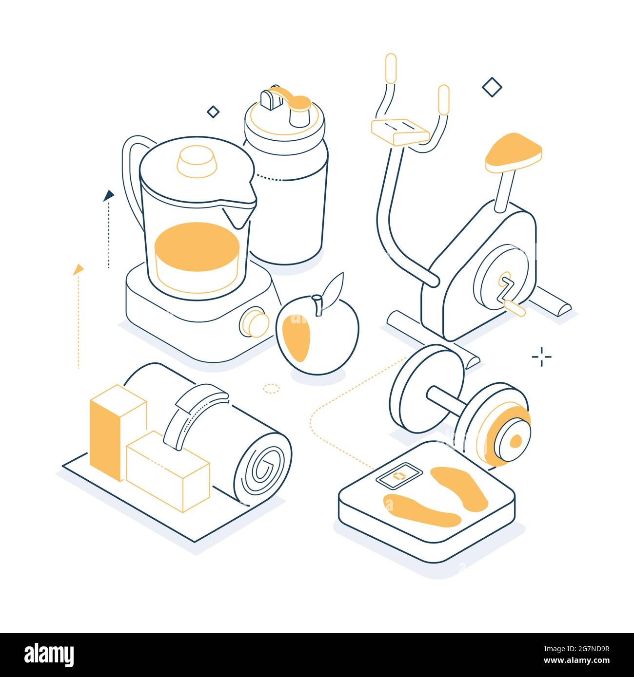 Fitness supplies - yellow and black isometric line illustration ...