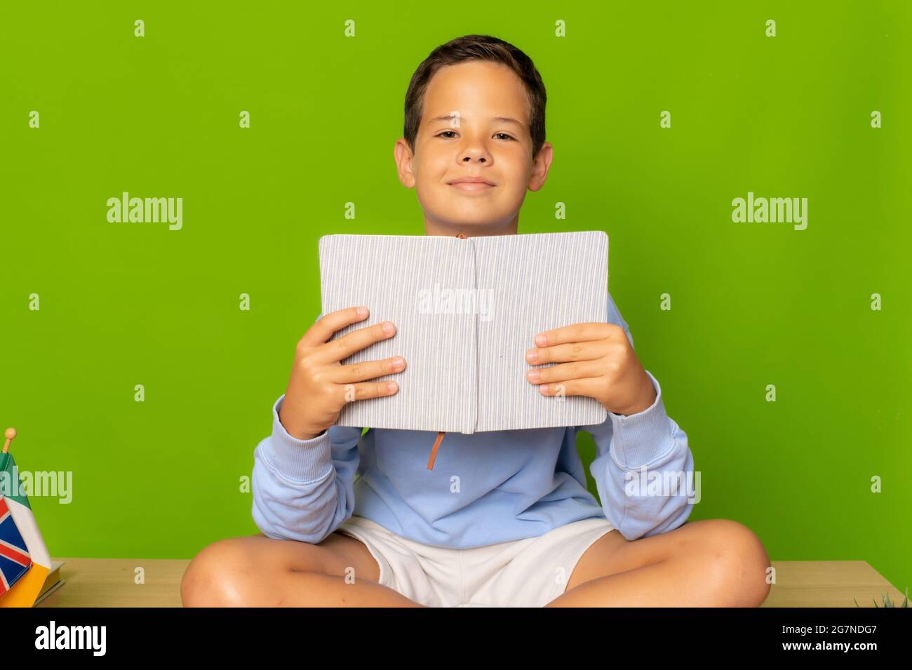 Happy schoolboy sitting on the desk reading a book isolated over green ...