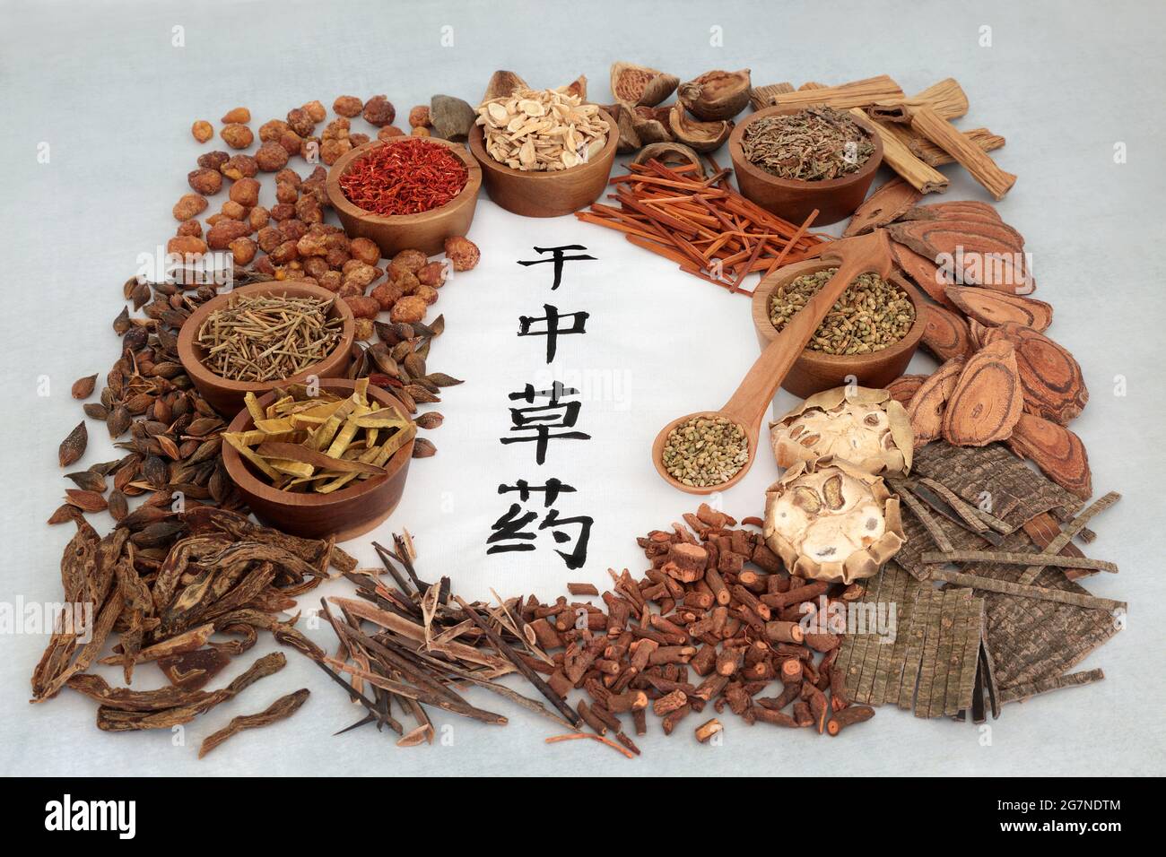 Traditional Chinese herbal medicine selection with dried herbs and ...