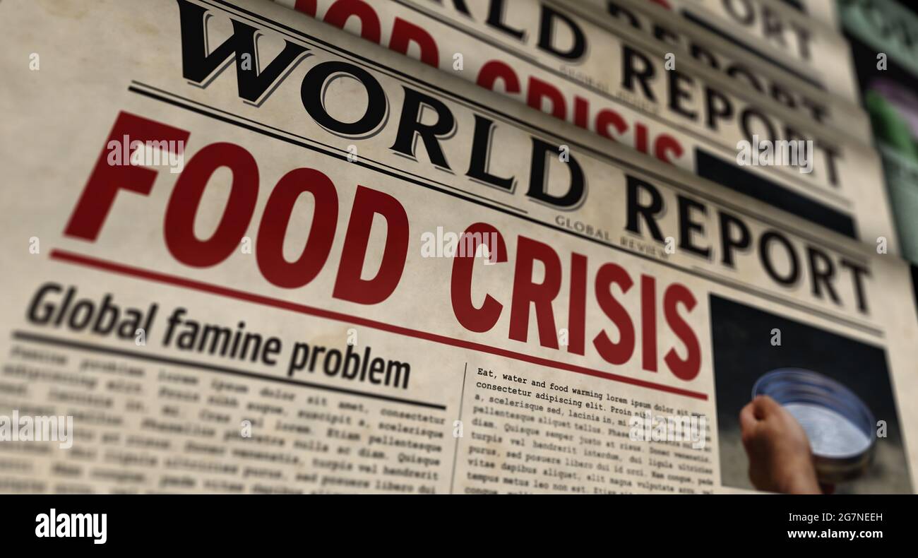 Food crisis news, famine and hunger disaster. Newspaper print. Vintage ...
