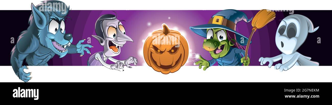Cartoon Halloween banner with a group of monsters,werewolf,vampire ...