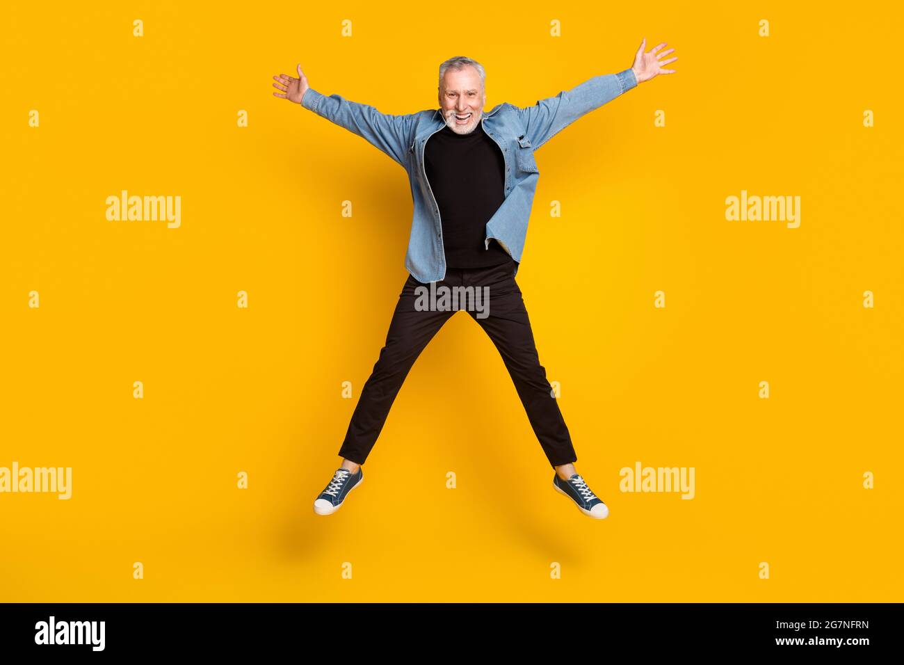 Full length photo of cool granddad jump wear jacket pants isolated on ...