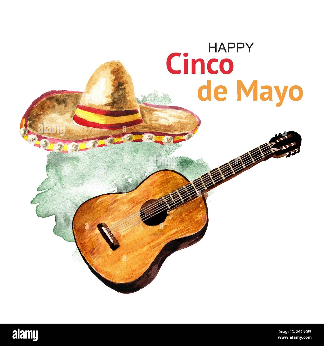 Cinco de mayo card, wooden guitar and hat Sombrero. Hand drawn ...