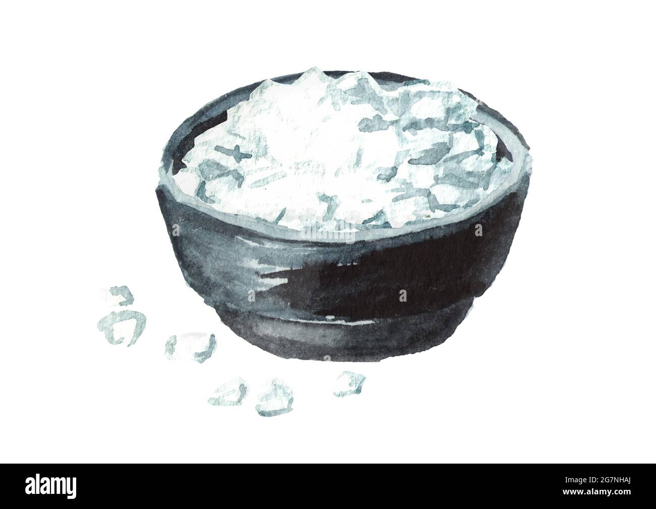 Sea salt in the bowl. Hand drawn watercolor illustration, isolated on ...