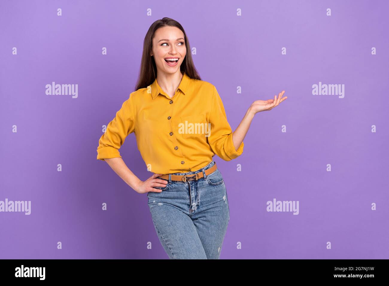 Photo portrait of woman laughing looking empty space showing hand ...