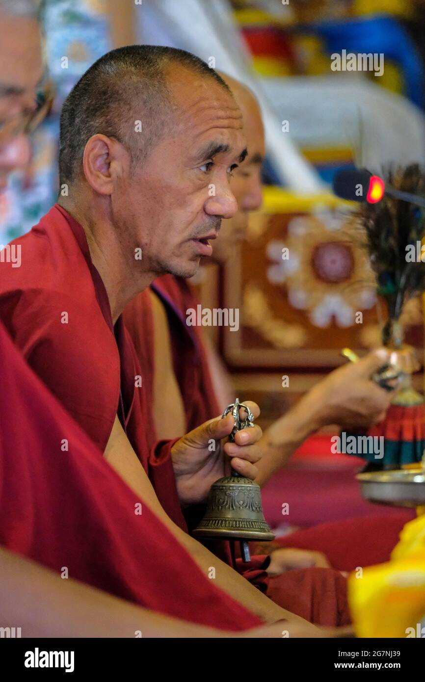Tabo, India - June 2021: Buddhist monks performing a puja in the Tabo ...