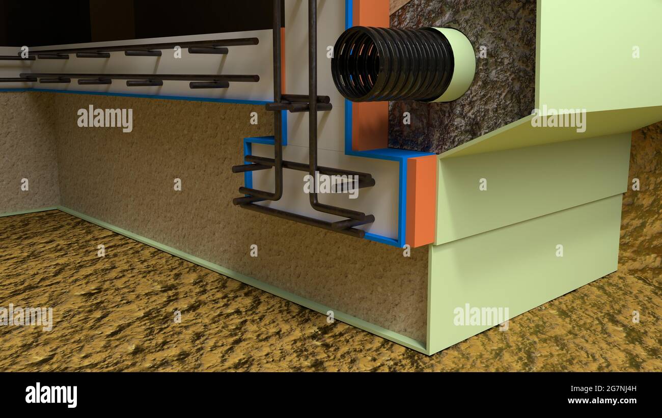 home basement drainage system, digital industrial 3D rendering Stock ...