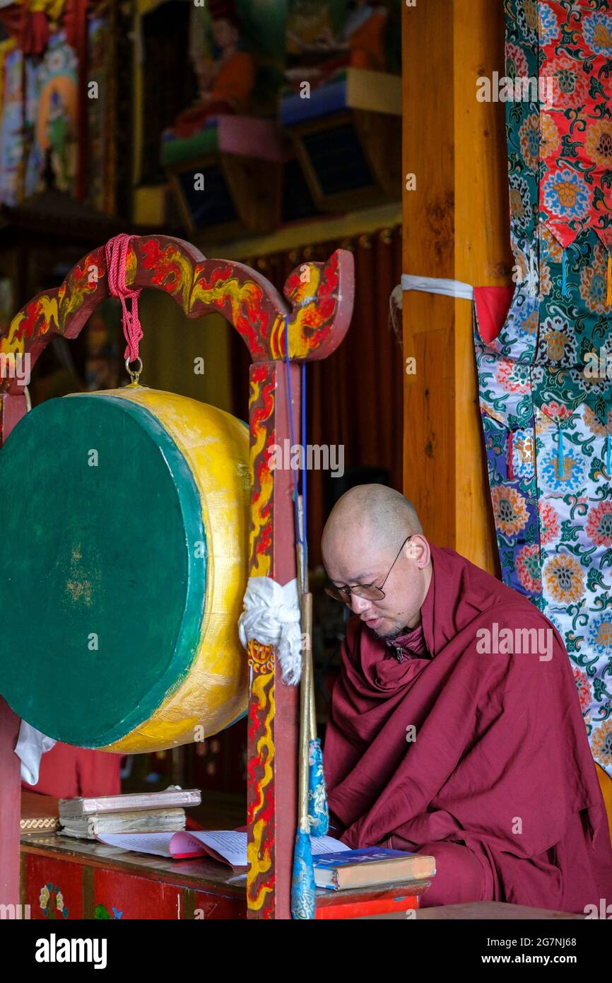 Tabo, India - June 2021: Buddhist monk performing a puja in the Tabo ...