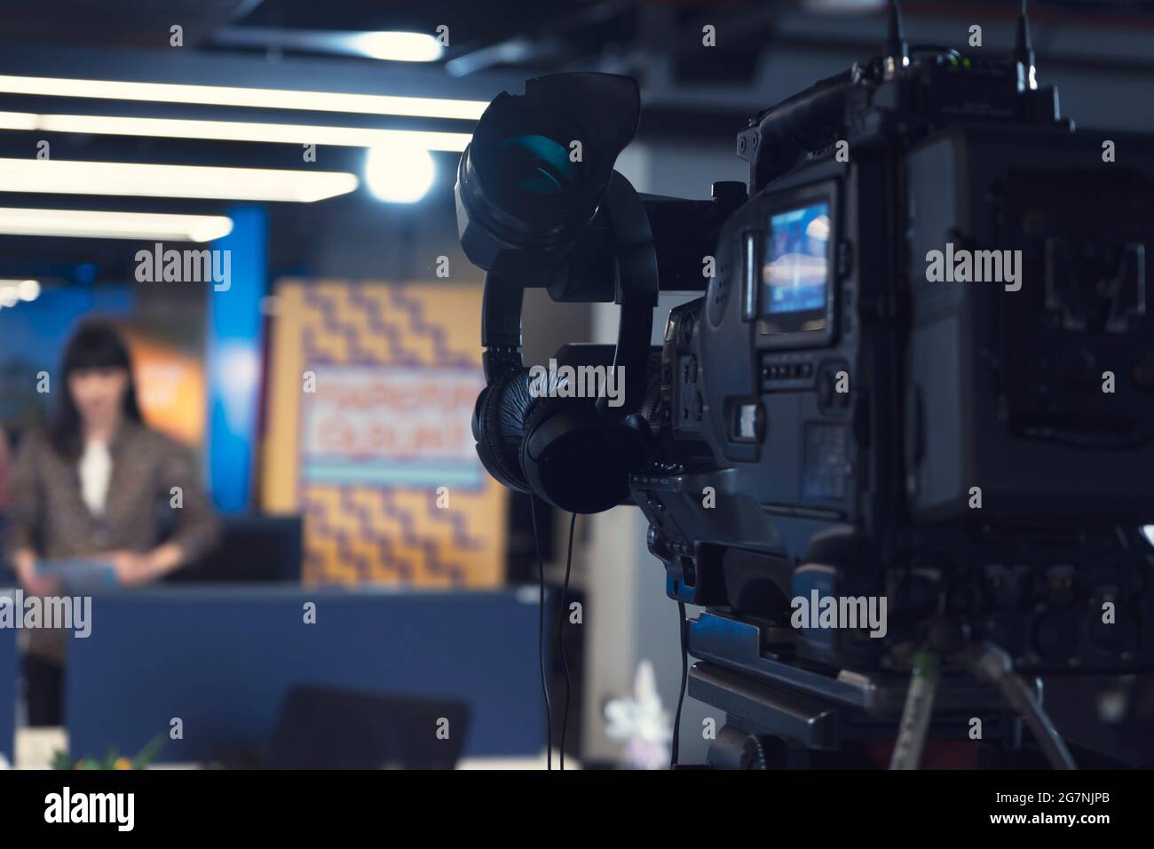 Behind the stage concept. Cameraman working on film interviewer ...