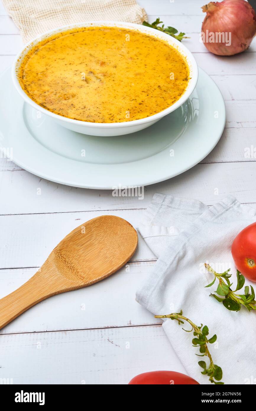 PERUVIAN FOOD, Traditional soup a La Minuta in white bowls, Top view ...