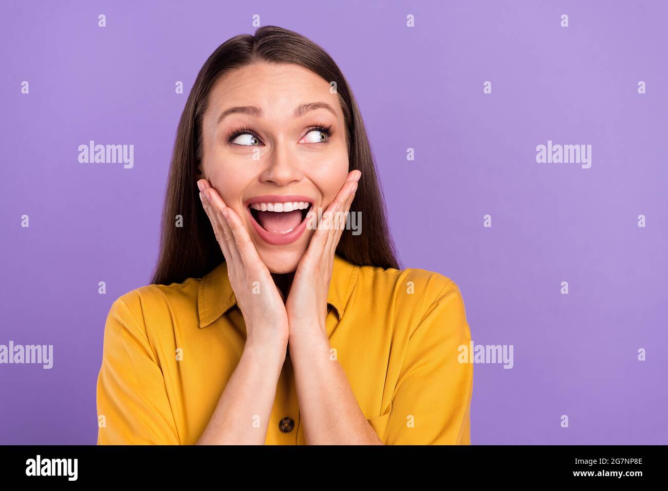 Photo portrait of woman smiling overjoyed touching cheeks looking ...
