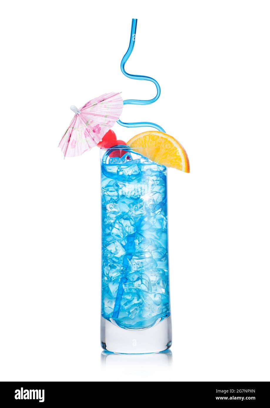 Blue lagoon cocktail highball glass with straw and orange slice with ...
