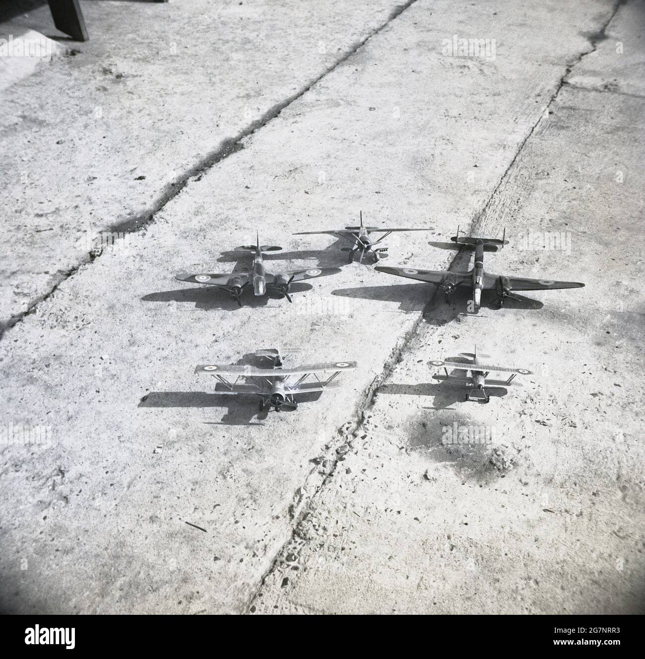 1950s, historical, on the ground model planes of old RAF aircraft ...